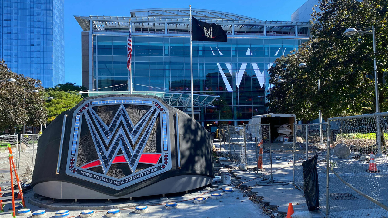 Massive WWE Championship Momument Installed In Front Of WWE Headquarters